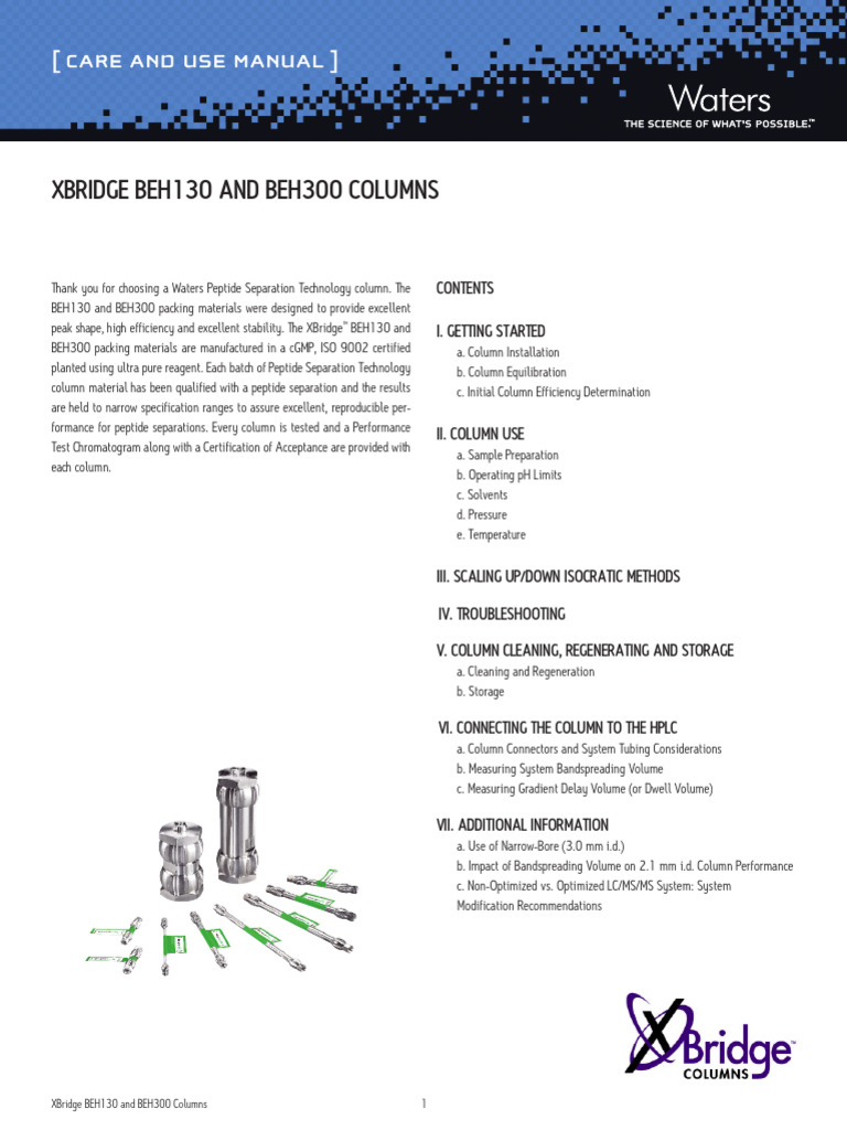 XBridge BEH130 & 300 Care & Use Manual | PDF | High Performance Liquid Chromatography | Chemistry