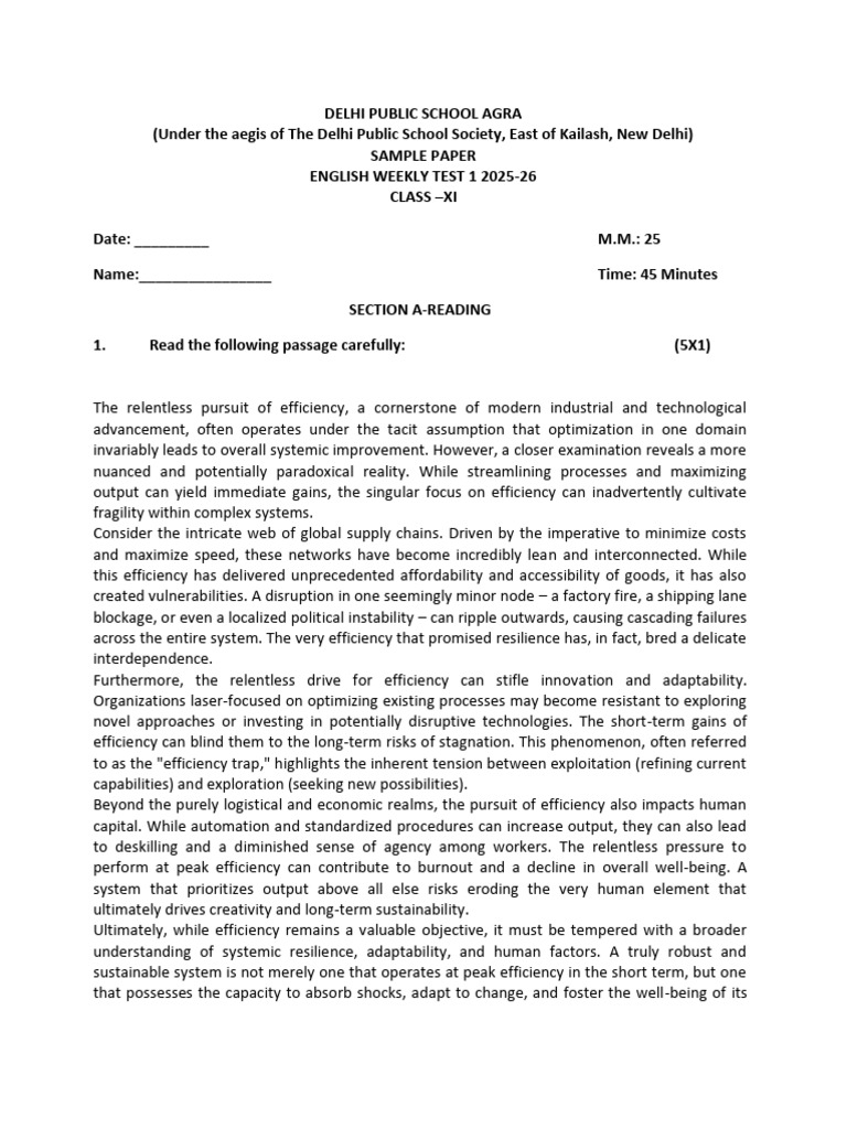 English Weekly Test 1 Sample Paper Grade Xi 202526 | PDF | Innovation