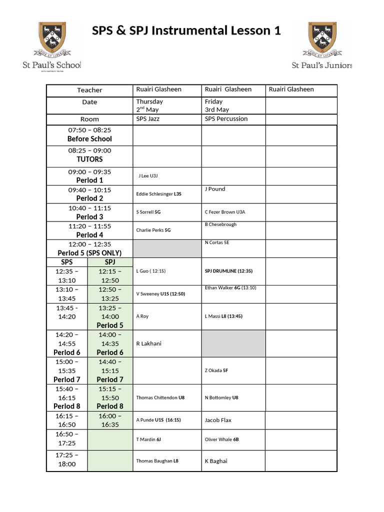 SPS & SPJ Instrumental Lesson Schedule | PDF