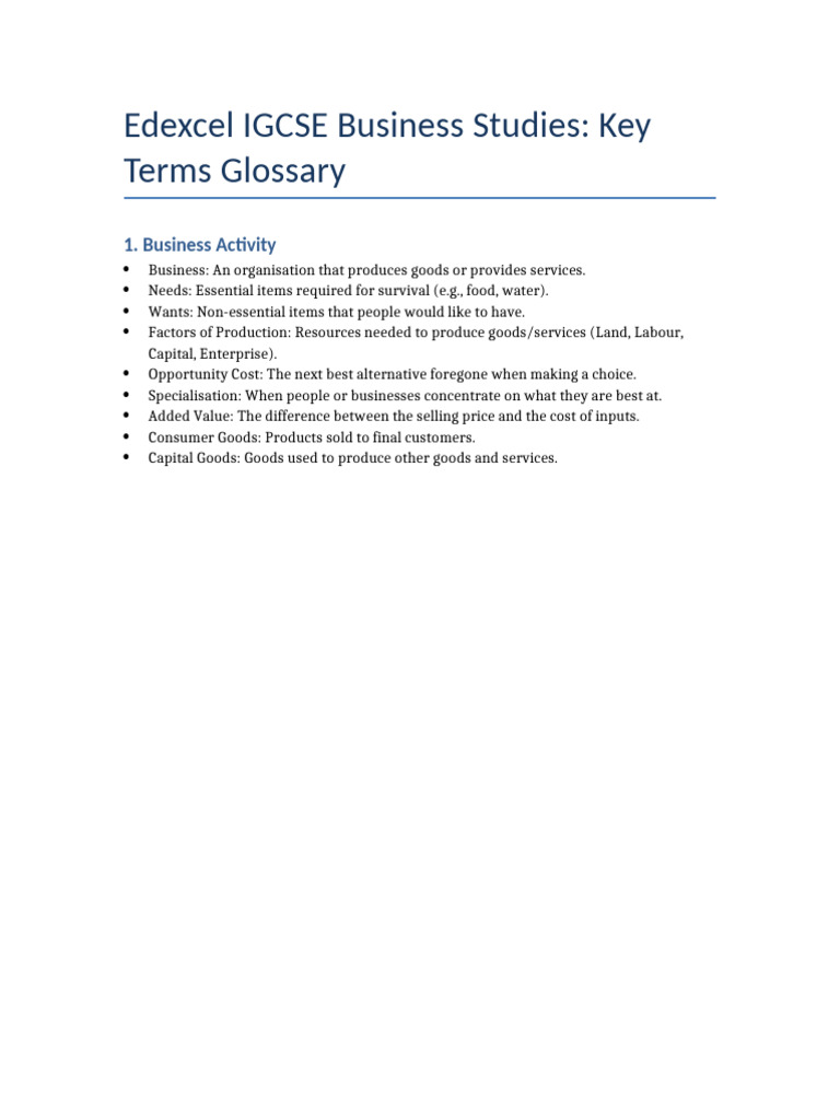 IGCSE Business Key Terms Glossary | PDF