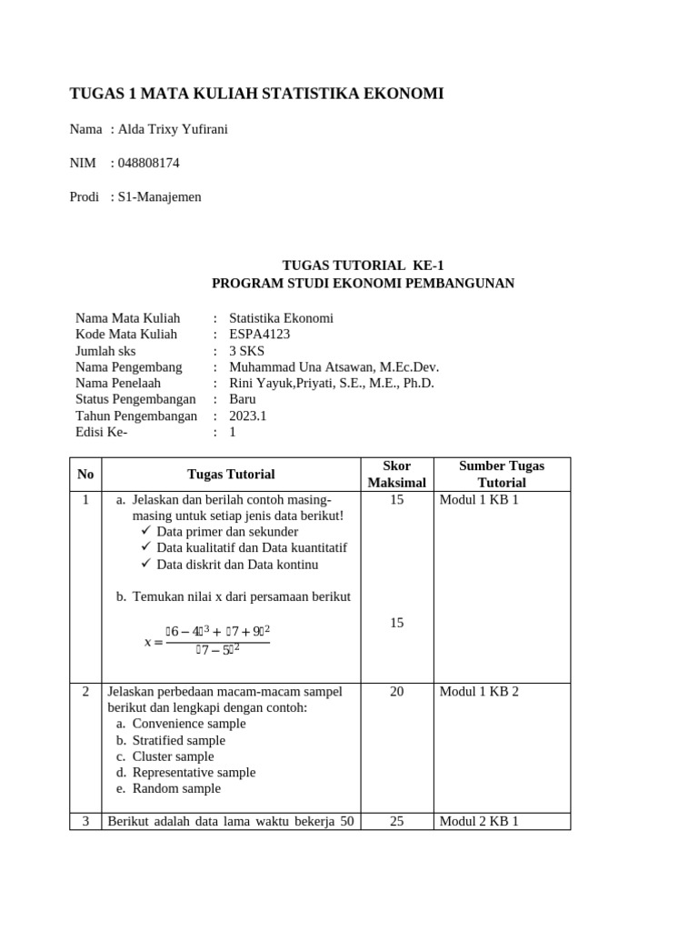 TUGAS 1 Matkul Statistika Ekonomi | PDF