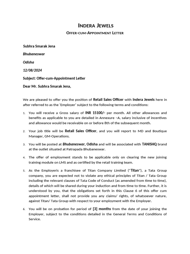Offer Letter - Subhra Smarak Jena | PDF | Justice | Crime & Violence