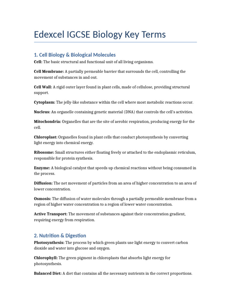 Edexcel IGCSE Biology Key Terms | PDF