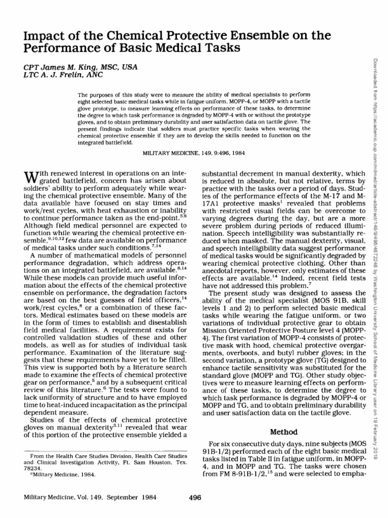Impact of The Chemical Protective Ensemble On The Performance of 1984 | PDF
