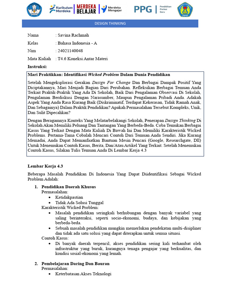 Design Thinking - T4.6 Koneksi Antar Materi - Savina Rachmah | PDF