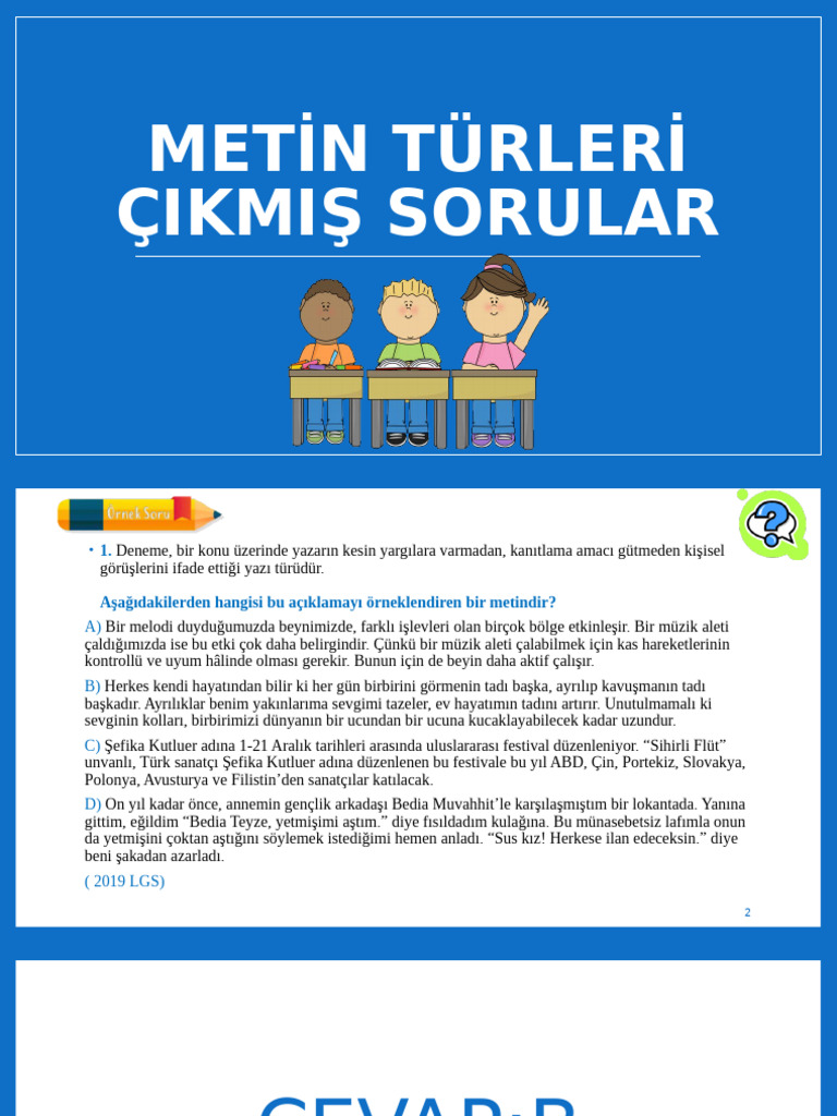 Lgs Turkce Metin Turleri Cikmis Sorular Ve Cevaplari | PDF