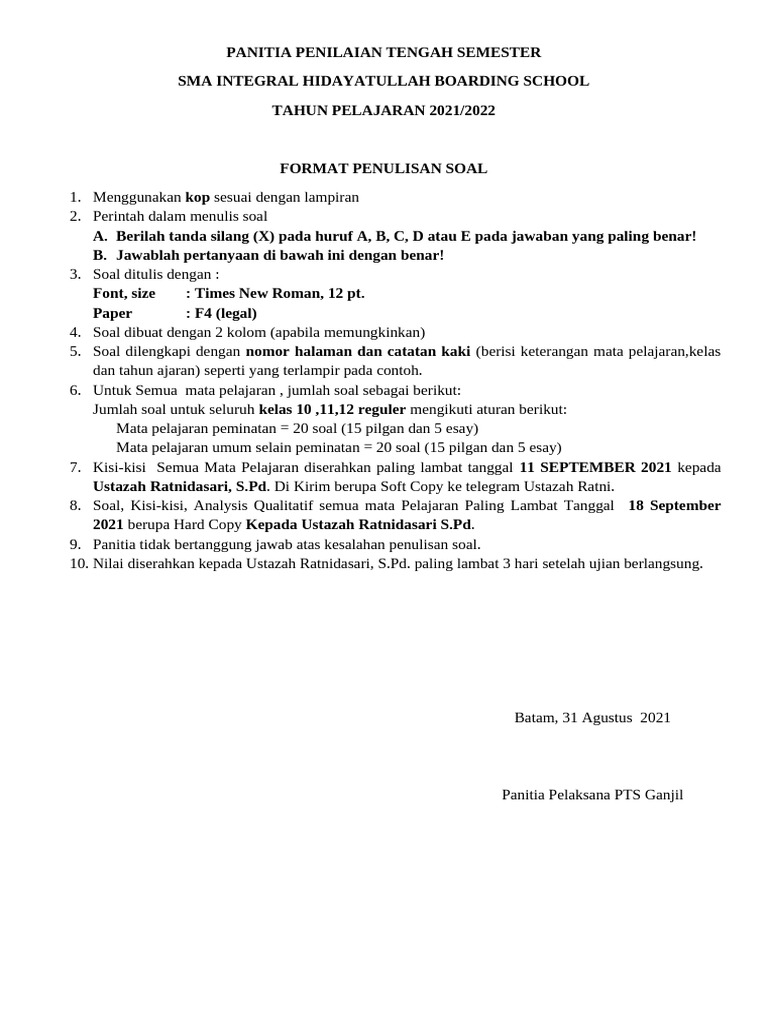 Format Soal PTS SMA Integral 2021 | PDF