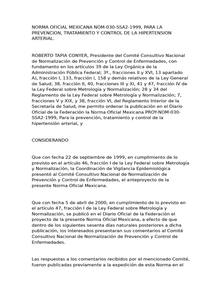 Norma Oficial Mexicana Nom-030-Ssa2-1999, para La Prevencion, Tratamiento y Control de La ...