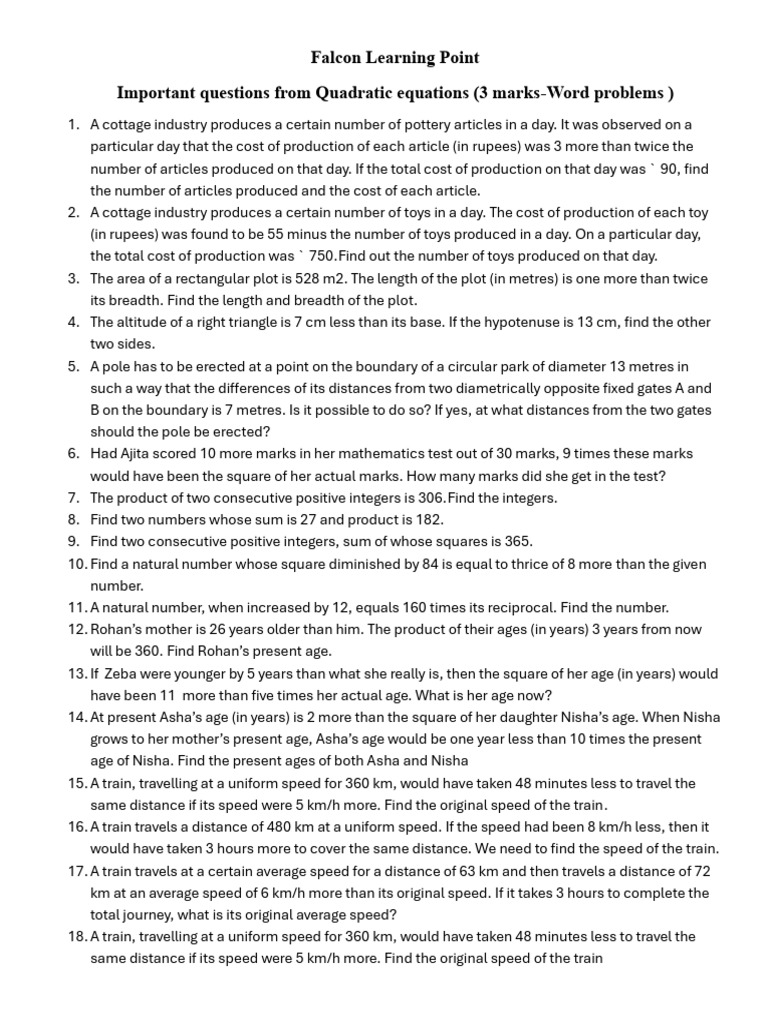 Word Problems - Quadratic Equations | PDF | Mathematics | Elementary ...