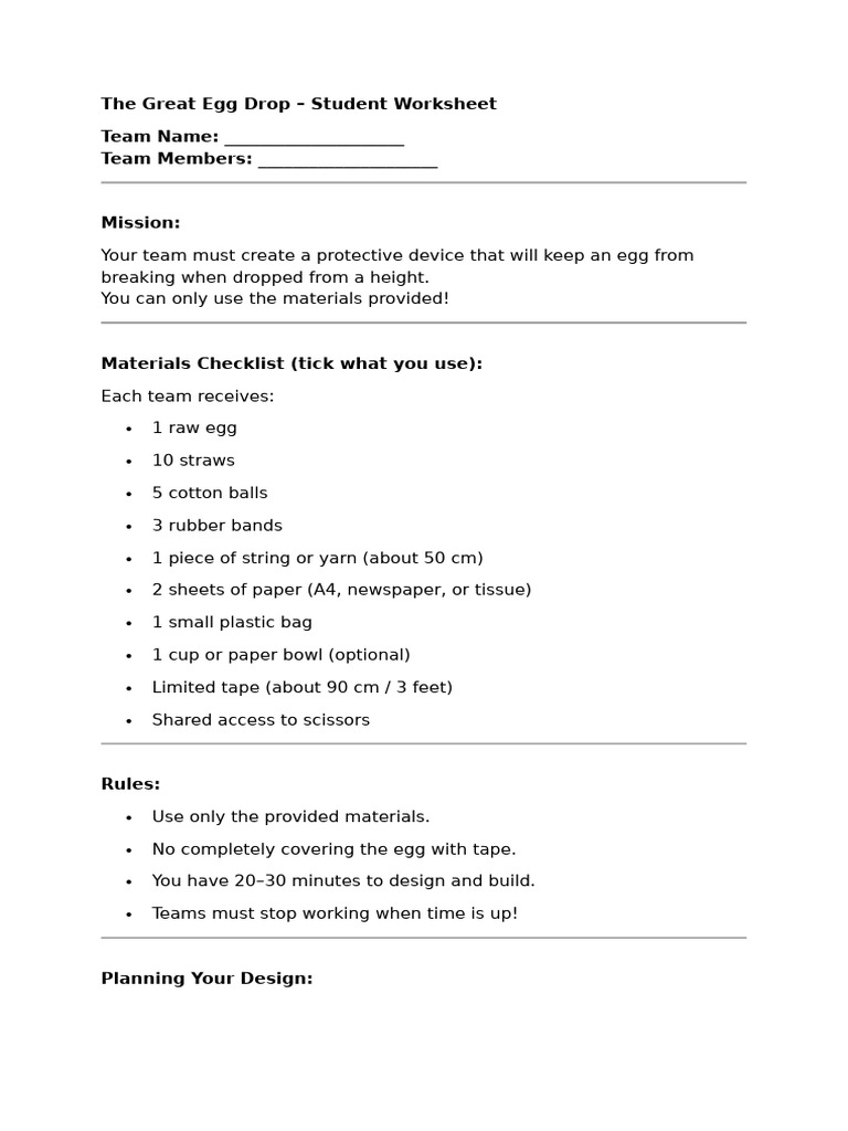The Great Egg Drop Worksheet | PDF