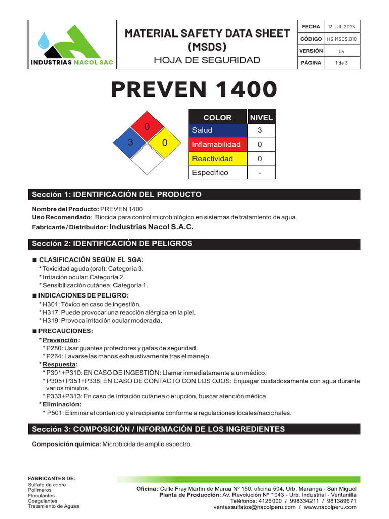 Hoja de Seguridad PREVEN 1400 | PDF | Agua | Tratamiento de aguas ...