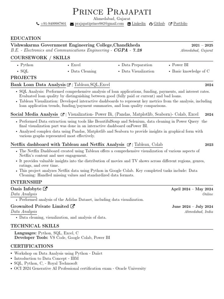 Prince Data Analysis Resume | PDF | Data | Sql