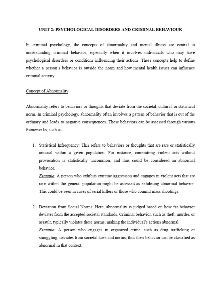 UNIT 2- PSYCHOLOGICAL DISORDERS AND CRIMINAL BEHAVIOUR - | PDF ...