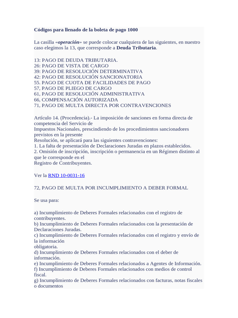 Códigos para Llenado de La Boleta de Pago 1000 | PDF