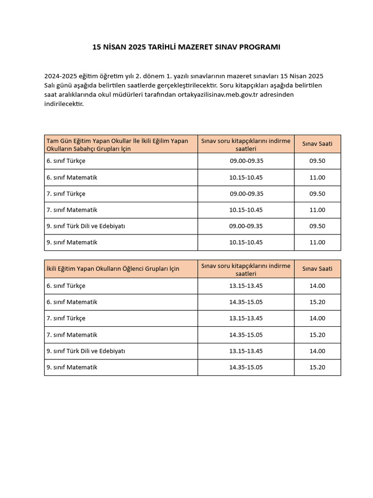15 Nisan 2025 Tarihli Mazeret Sinav Programi | PDF