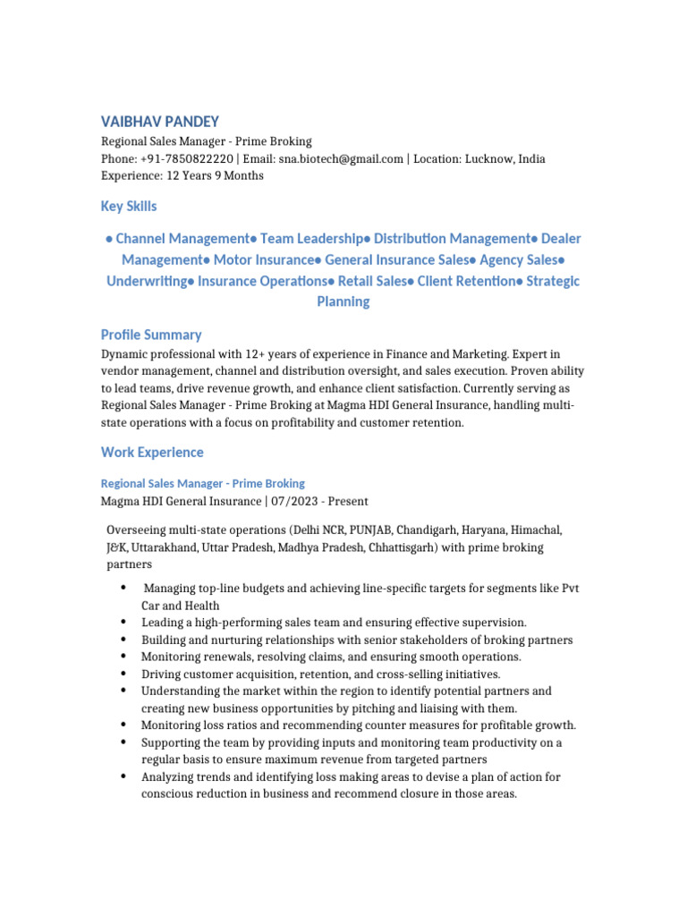 Professional - CV - Vaibhav - Pandey - Exact - Format Final | PDF | Underwriting | Performance ...
