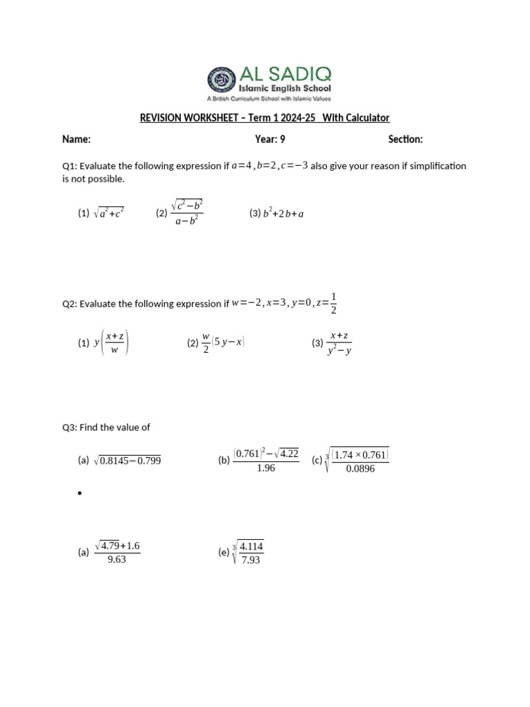 Revision Worksheet Calculator Y9 | PDF