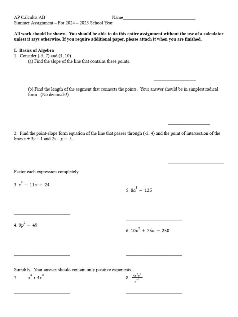AP Calculus AB Summer Assignment 2024 | PDF | Trigonometric Functions ...