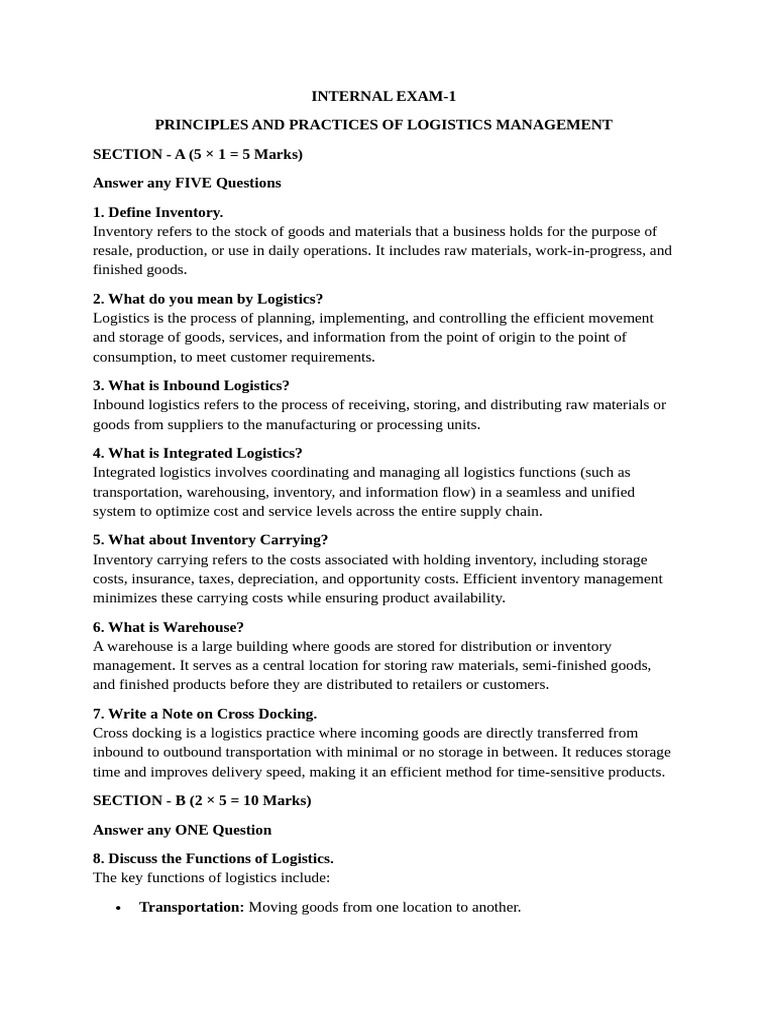 Internal Exam 1 Principles and Practices of Logistics Management | PDF ...