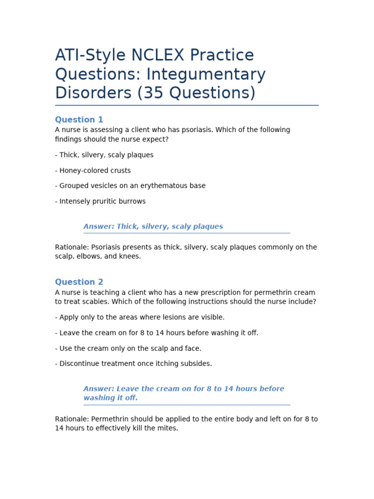 Integumentary Disorders NCLEX Practice | PDF | Dermatitis | Psoriasis