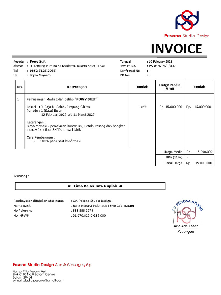 Invoice Pemasangan Iklan Baliho Powy Suit JL Raja M Saleh SP Cikitsu - Batam | PDF