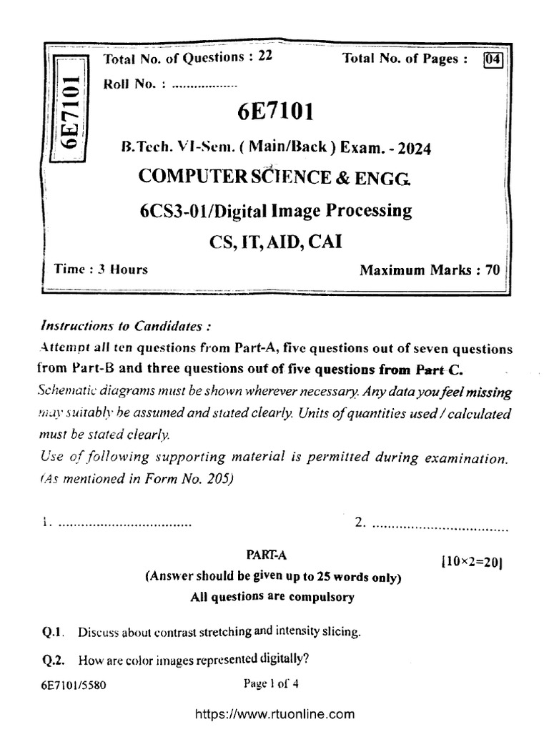Btech Cs It 6 Sem Digital Image Processing 6e7101 2024 | PDF