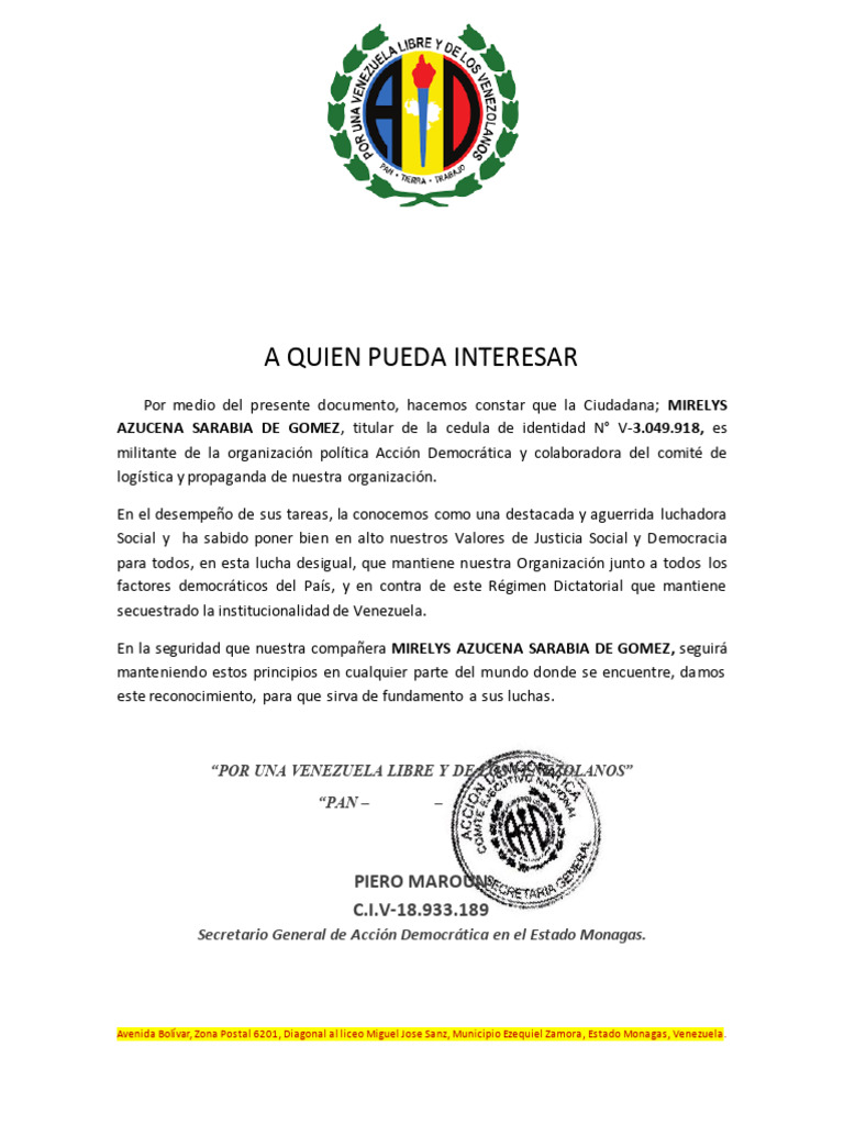 Constancia de Militante de Acción Democrática | PDF