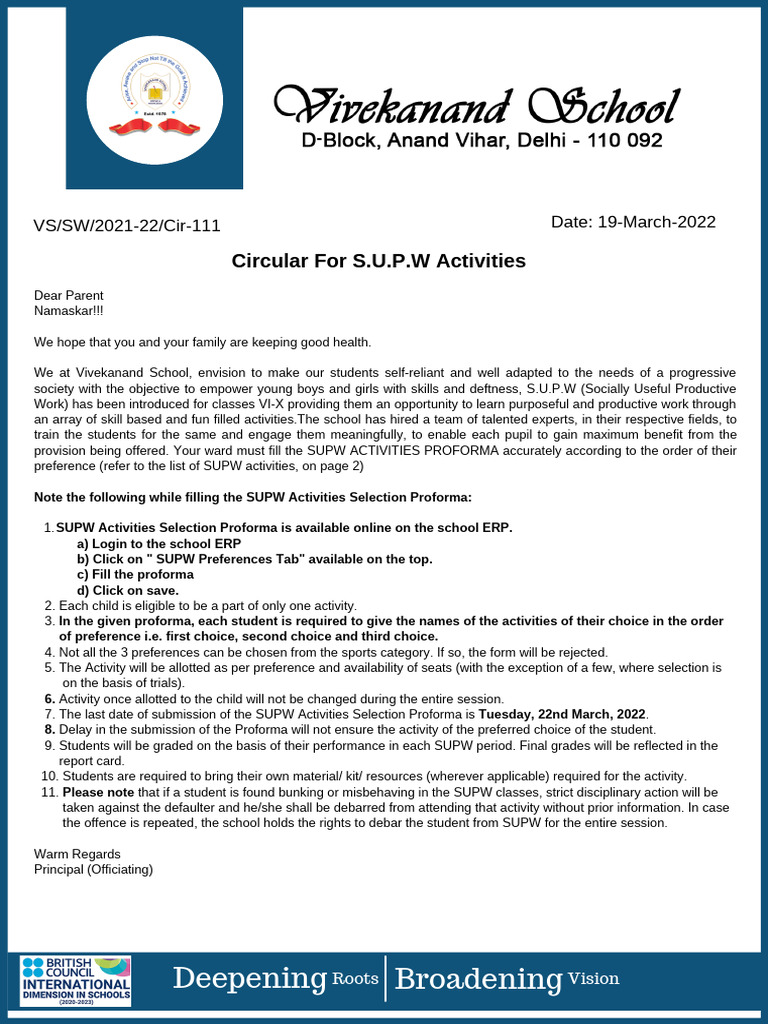 Circular - SUPW Activities (2022-23) | PDF | Justice | Crime & Violence