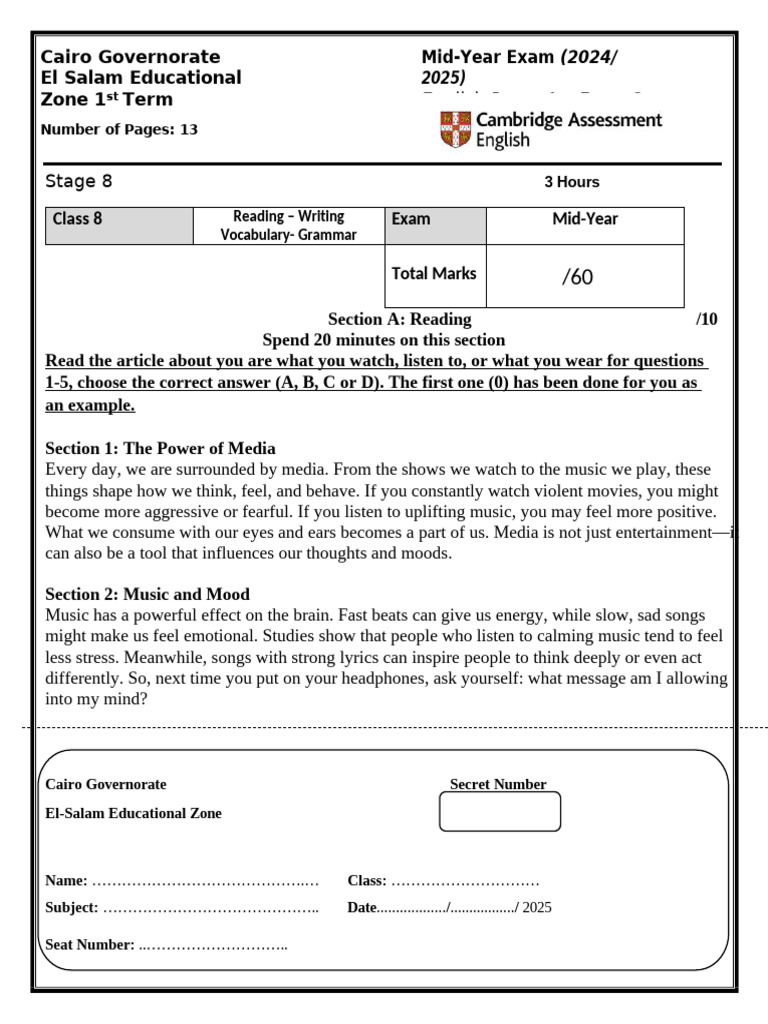 End-Year Exam-Y8-Paper1 - RKS-2025 (1) - 123219 | PDF | English Language