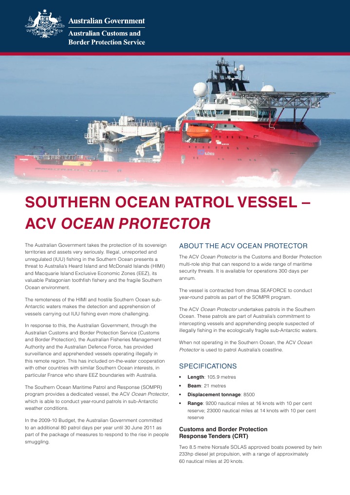 Southern Ocean Patrol Vessel ACVOcean Protector Fact Sheet | PDF | U.S ...