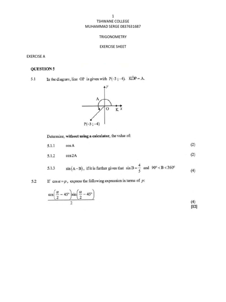 Trigonometry Exercise Sheet | PDF