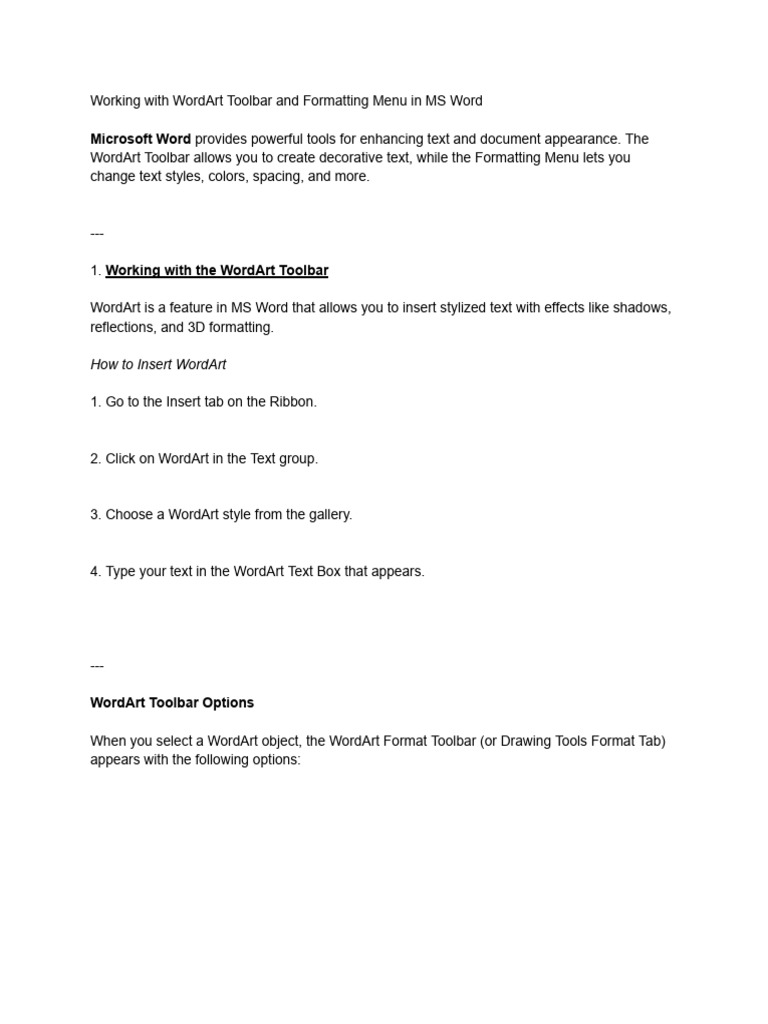Working With WordArt Toolbar and Formatting Menu in MS Word | PDF