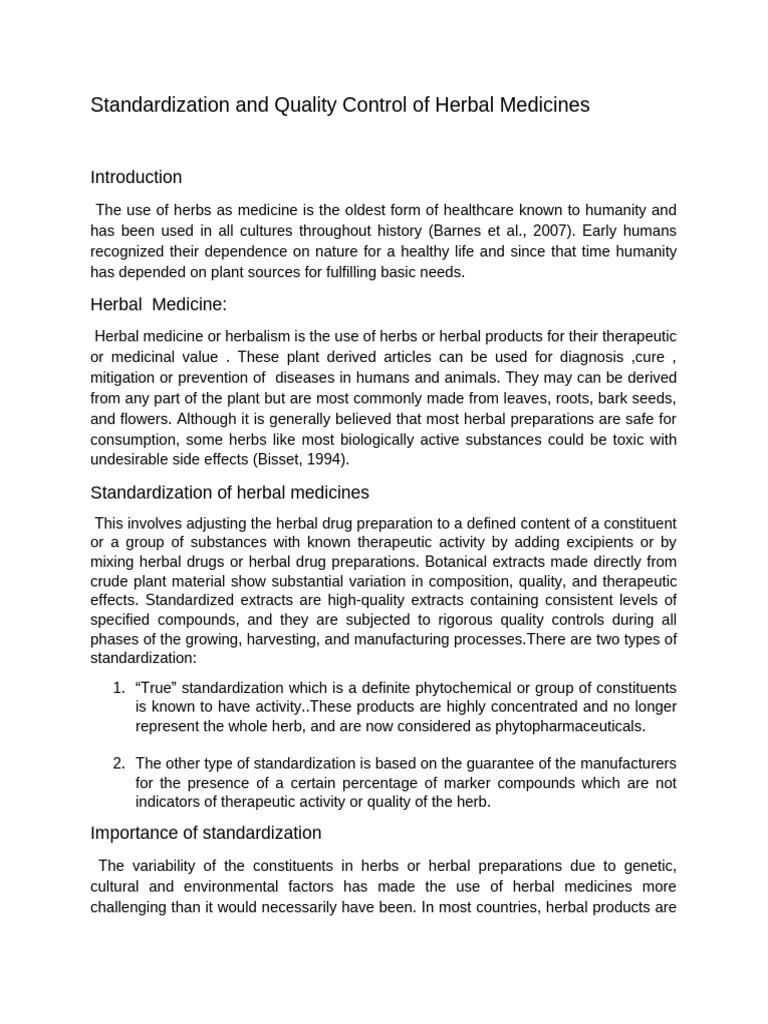 Standardization and Quality Control of Herbal Medicines | PDF | Health Sciences