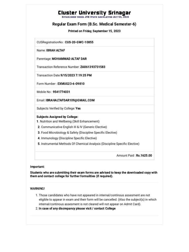 6th Sem Examination Form | PDF