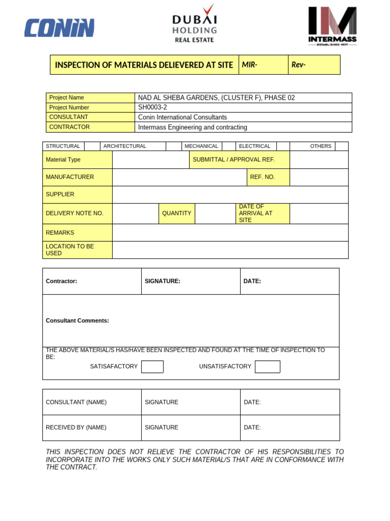IM SH003 02 NSV1 QAQC 07 Material Inspection Request (MIR) | PDF