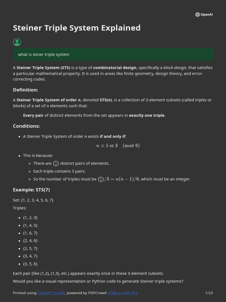 Steiner Triple System Explained | PDF | Combinatorics | Mathematical ...