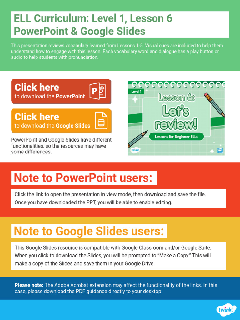 Ell Curriculum Level 1 Lesson 6 Powerpoint Google Slides Us e ...