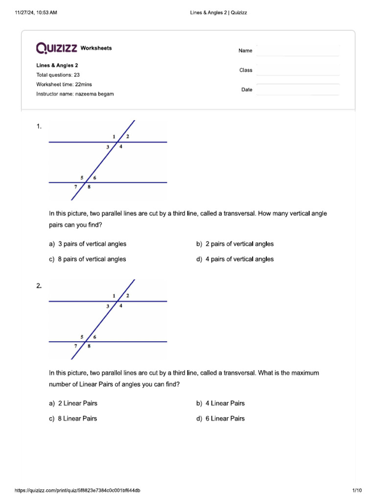 Lines and Angles Worksheet | PDF