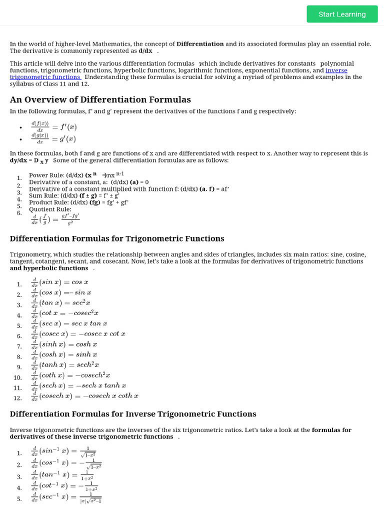 Differentiation Formulas - List, Trigonometric, Inverse Trigonometric, and More | PDF