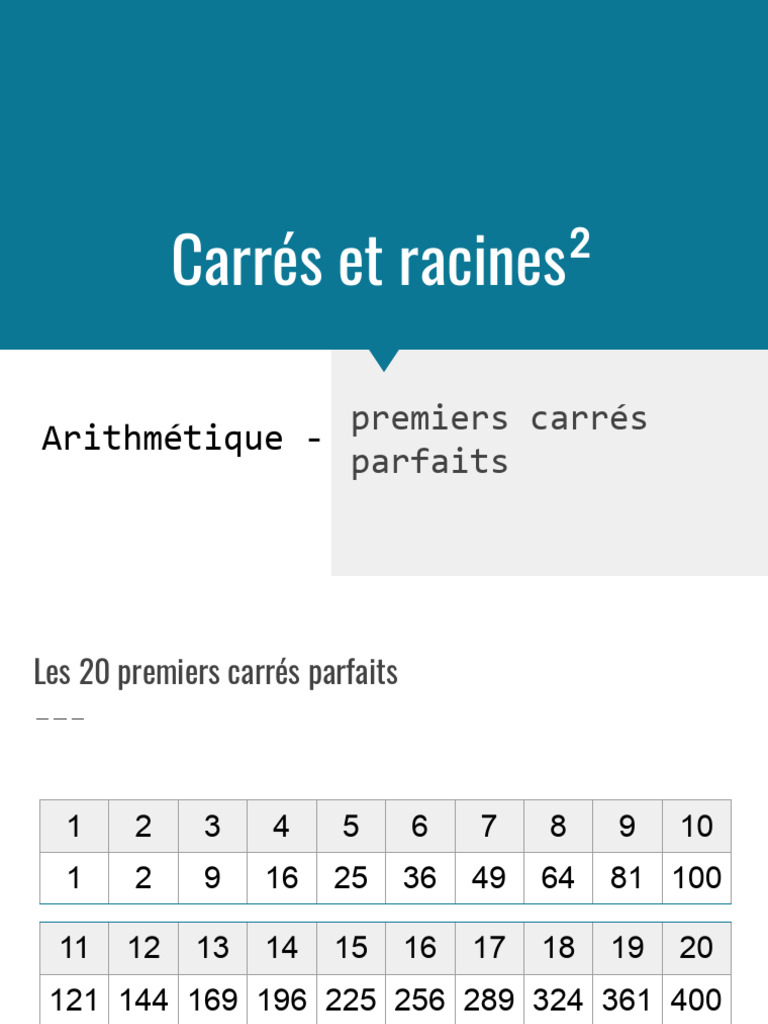 Liste des carrés parfaits jusqu'à 144 | PDF | Multiplication | Division