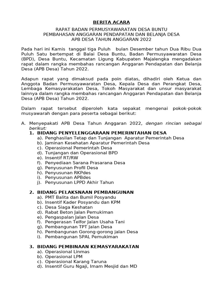 Draft BA. Rapat BPD - Perdes APB Desa 2021 B UNTU | PDF