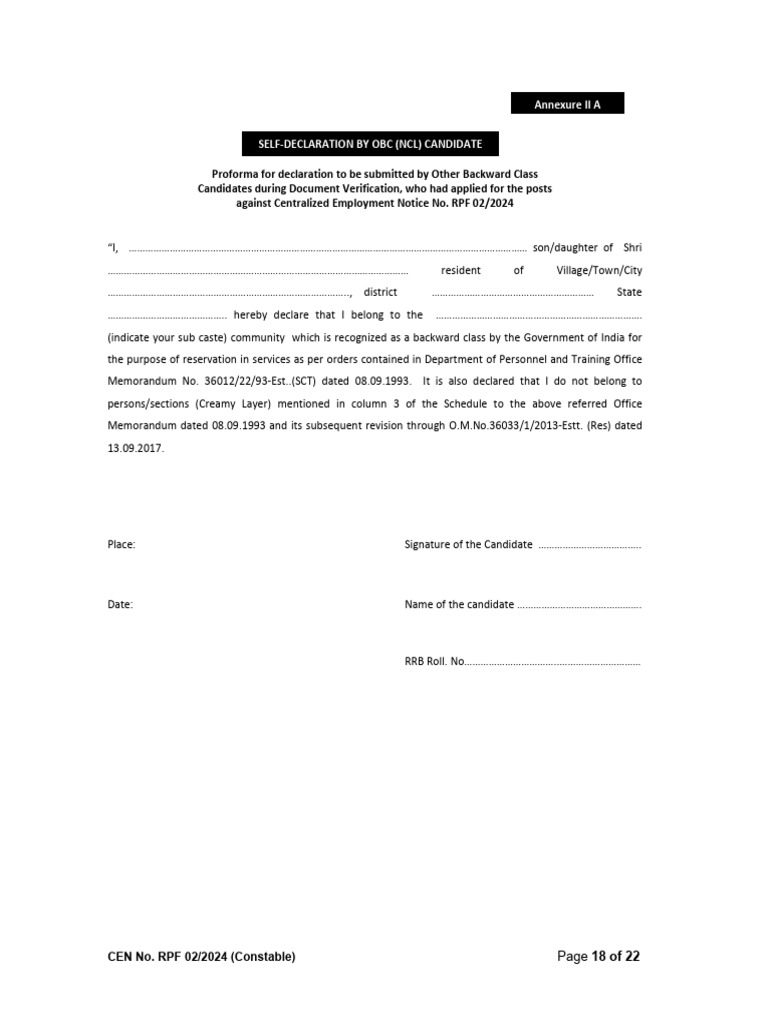 OBC Self-Declaration Form for RPF 2024 | PDF