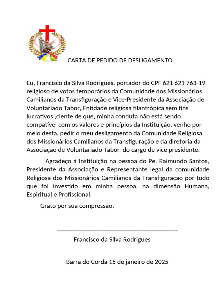 Carta De Pedido De Desligamento Pdf