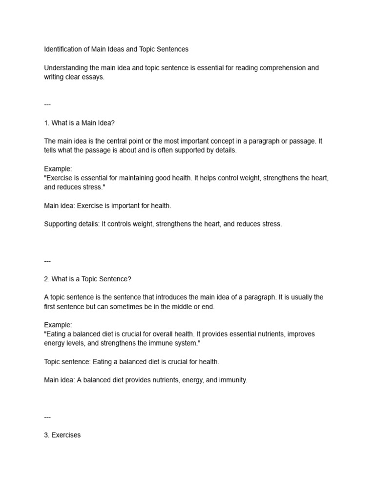 Main Ideas and Topic Sentences Explained | PDF