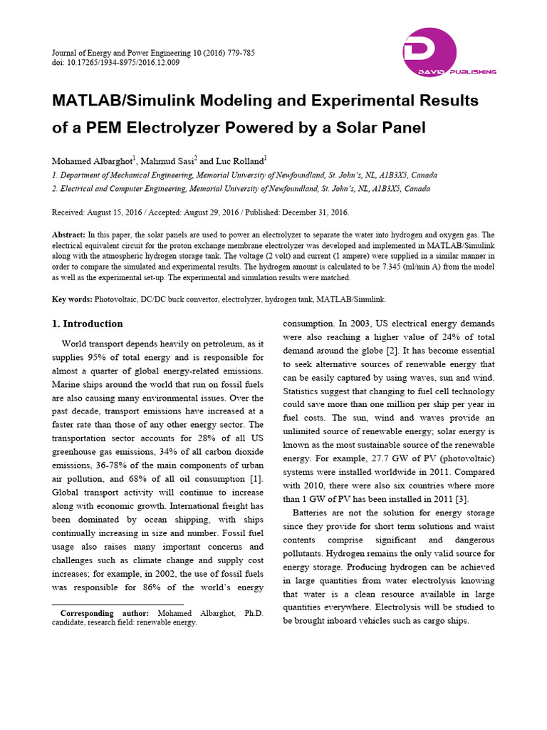 MATLABSimulink Modeling and Experimental Results of A PEM Electrolyzer Powered by A Solar Panel ...