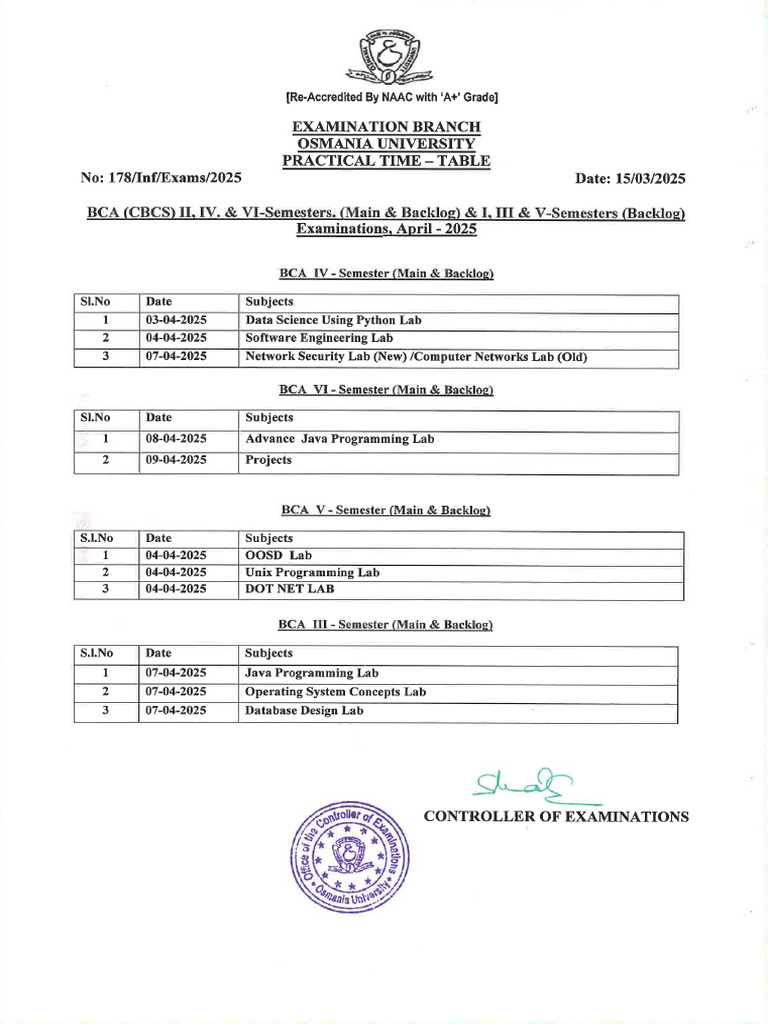 OU BCA Practical Examinations Time Tables - April 2025 | PDF