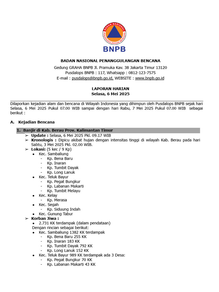 Laporan Harian PUSDALOPS 06052025 | PDF