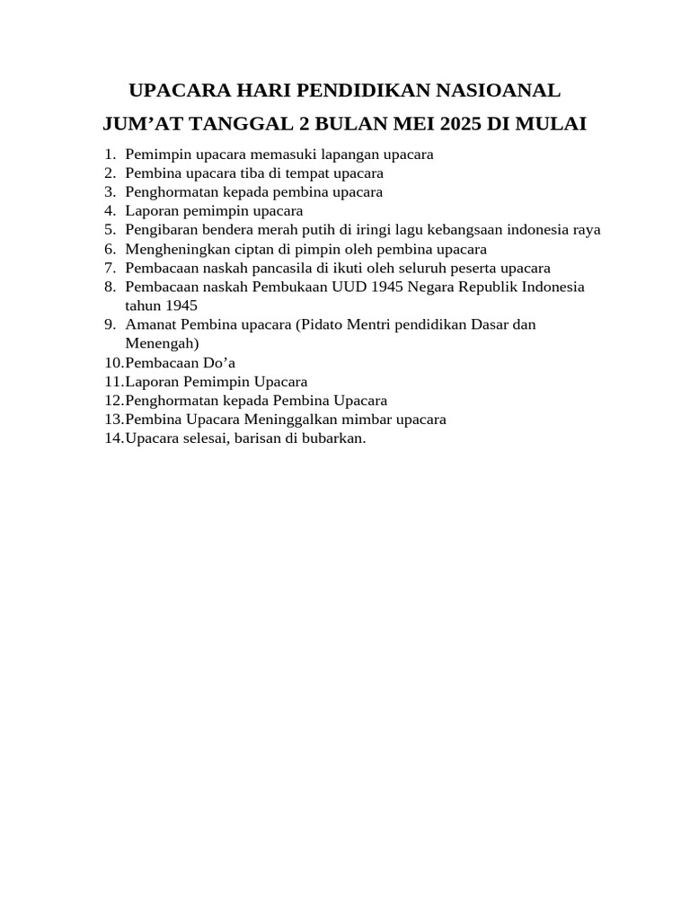 Susunan Upacara Hari Pendidikan Nasioanal | PDF