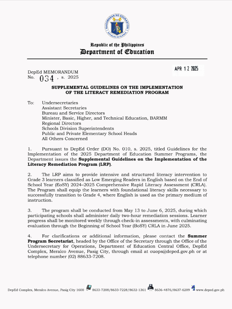 Literacy Remediation Program Guidelines | PDF | Literacy | Reading ...
