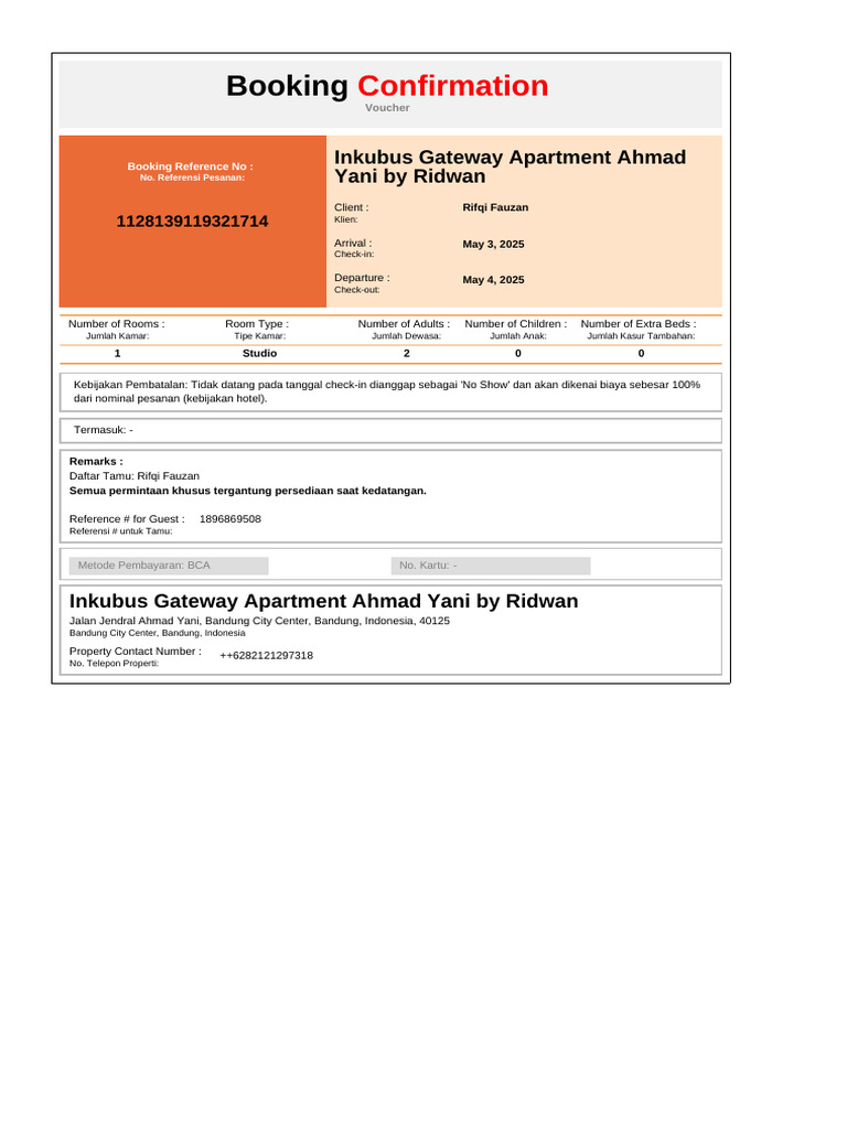 Confirmation For Booking ID # 1896869508 | PDF